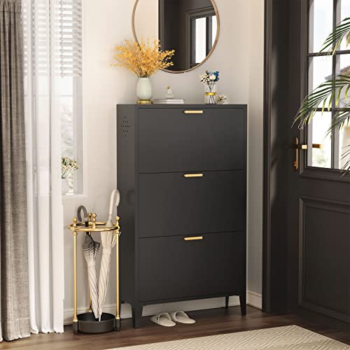 Shoe Cabinet for Entryway Slim - 3 Drawer All Steel Shoe Storage Cabinet with Flip Door & Gold Handle for Hallway, Living Room, Black