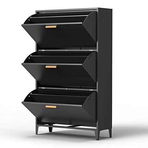 Shoe Cabinet for Entryway Slim - 3 Drawer All Steel Shoe Storage Cabinet with Flip Door & Gold Handle for Hallway, Living Room, Black