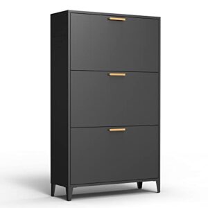 Shoe Cabinet for Entryway Slim - 3 Drawer All Steel Shoe Storage Cabinet with Flip Door & Gold Handle for Hallway, Living Room, Black