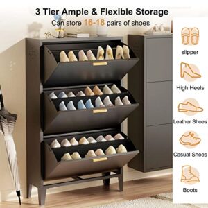 Shoe Cabinet for Entryway Slim - 3 Drawer All Steel Shoe Storage Cabinet with Flip Door & Gold Handle for Hallway, Living Room, Black