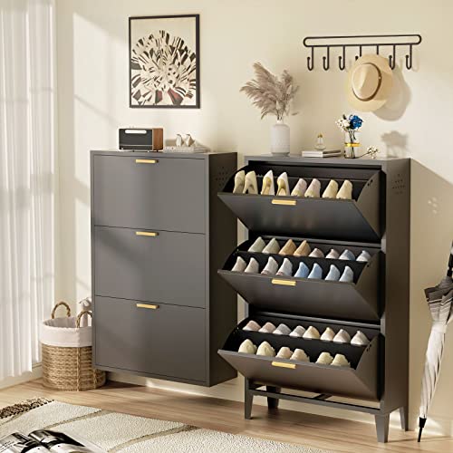 Shoe Cabinet for Entryway Slim - 3 Drawer All Steel Shoe Storage Cabinet with Flip Door & Gold Handle for Hallway, Living Room, Black