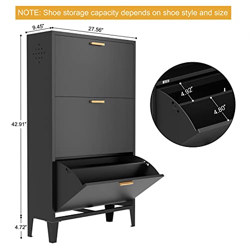 Shoe Cabinet for Entryway Slim - 3 Drawer All Steel Shoe Storage Cabinet with Flip Door & Gold Handle for Hallway, Living Room, Black