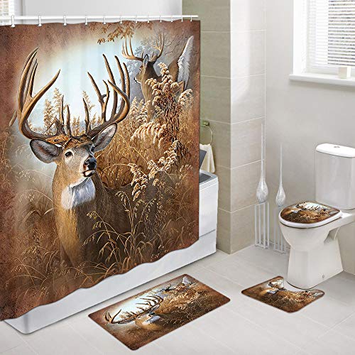 JAWO Deer Shower Curtain and Bath Mat Set 69x70 Inch, Whitetail Deer Fawn in Wilderness, Countryside Rural Hunting Bathroom Mat Set with Contour Toilet Mat, Mat and Toilet Lid Cover