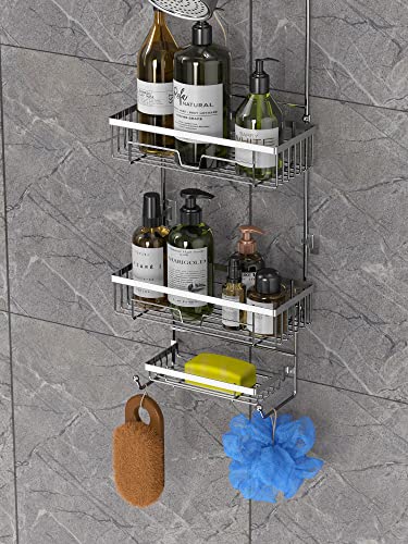 Elbourn Shower Caddy Over Shower Head, Bathroom Hanging Shower Organizer with Hooks, SUS201 Stainless Steel Shower Storage Rack 3 Shelves for Shampoo, Soap and Razor - Silver