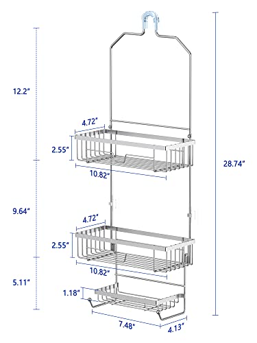 Elbourn Shower Caddy Over Shower Head, Bathroom Hanging Shower Organizer with Hooks, SUS201 Stainless Steel Shower Storage Rack 3 Shelves for Shampoo, Soap and Razor - Silver