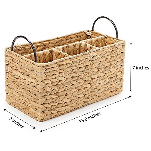 Americanflat Water Hyacinth Basket with Handles - Multipurpose Storage Organizer Caddy - 1 Large and 3 Small Compartments (Natural Color)