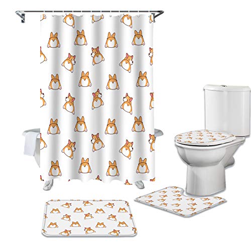 Big buy store 4 Pcs Shower Curtain Sets Cute Puppy Corgi Butt Waterproof Fabic Bathroom Set with Non-Slip Rugs Toilet Lid Cover Bath Mat Cartoon Animal Shower Curtain with Hooks -72x72 inch Large