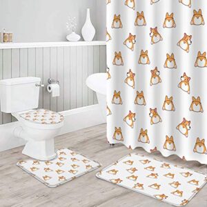 Big buy store 4 Pcs Shower Curtain Sets Cute Puppy Corgi Butt Waterproof Fabic Bathroom Set with Non-Slip Rugs Toilet Lid Cover Bath Mat Cartoon Animal Shower Curtain with Hooks -72x72 inch Large