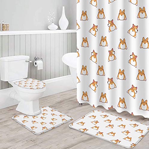 Big buy store 4 Pcs Shower Curtain Sets Cute Puppy Corgi Butt Waterproof Fabic Bathroom Set with Non-Slip Rugs Toilet Lid Cover Bath Mat Cartoon Animal Shower Curtain with Hooks -72x72 inch Large