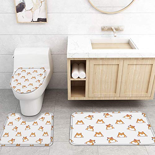 Big buy store 4 Pcs Shower Curtain Sets Cute Puppy Corgi Butt Waterproof Fabic Bathroom Set with Non-Slip Rugs Toilet Lid Cover Bath Mat Cartoon Animal Shower Curtain with Hooks -72x72 inch Large