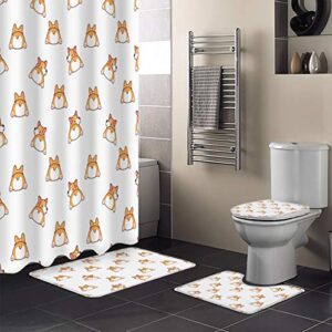 Big buy store 4 Pcs Shower Curtain Sets Cute Puppy Corgi Butt Waterproof Fabic Bathroom Set with Non-Slip Rugs Toilet Lid Cover Bath Mat Cartoon Animal Shower Curtain with Hooks -72x72 inch Large