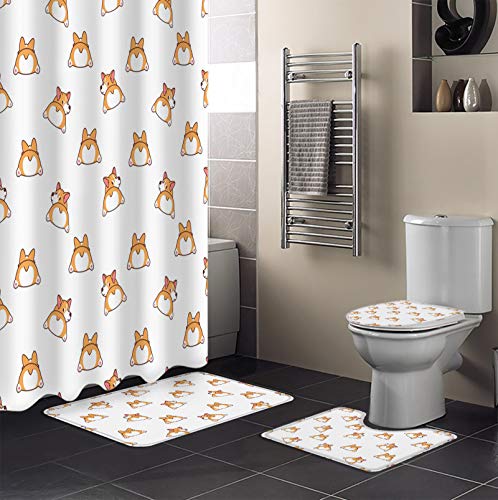 Big buy store 4 Pcs Shower Curtain Sets Cute Puppy Corgi Butt Waterproof Fabic Bathroom Set with Non-Slip Rugs Toilet Lid Cover Bath Mat Cartoon Animal Shower Curtain with Hooks -72x72 inch Large