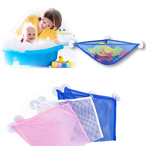 Bath Toy Organizer, with 3 Strong Suction Cups Mounted Bath Toy Storage Net & Bathroom Corner Shower Caddy Bag Bathroom Storage Bag (Pink)