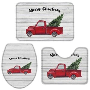 fancyine 3 pieces bath rugs sets winter christmas farm red truck soft non-slip absorbent toilet seat cover u-shaped toilet mat for bathroom decor rustic wood texture