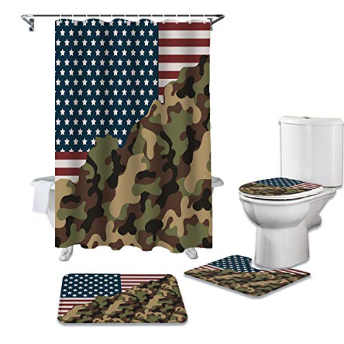 USA Flag with Army Camouflage 4 Pcs Shower Curtain Sets with Non-Slip Bathroom Rugs Toilet Lid Cover and Bath Mat, Durable Waterproof Curtains with Hooks Woodland Camo