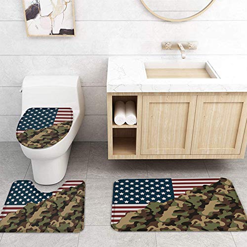 USA Flag with Army Camouflage 4 Pcs Shower Curtain Sets with Non-Slip Bathroom Rugs Toilet Lid Cover and Bath Mat, Durable Waterproof Curtains with Hooks Woodland Camo