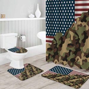 USA Flag with Army Camouflage 4 Pcs Shower Curtain Sets with Non-Slip Bathroom Rugs Toilet Lid Cover and Bath Mat, Durable Waterproof Curtains with Hooks Woodland Camo