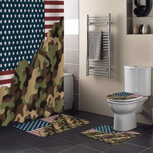 USA Flag with Army Camouflage 4 Pcs Shower Curtain Sets with Non-Slip Bathroom Rugs Toilet Lid Cover and Bath Mat, Durable Waterproof Curtains with Hooks Woodland Camo