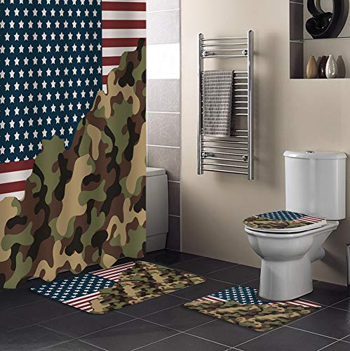 USA Flag with Army Camouflage 4 Pcs Shower Curtain Sets with Non-Slip Bathroom Rugs Toilet Lid Cover and Bath Mat, Durable Waterproof Curtains with Hooks Woodland Camo