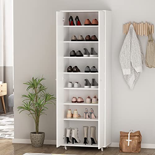 Hitow Large Shoe Cabinet with Wheels Wooden 2 Door Tall Shoe Storage Rack 7 Adjustable Shelves Cabinet for Office,Home,Garage White