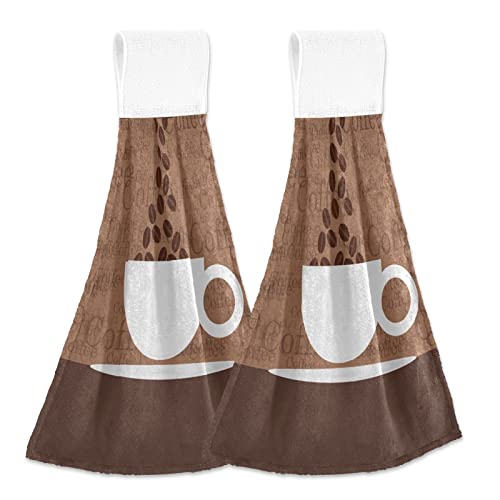 WIHVE Set of 2 Hanging Kitchen Towels Coffee Beens Vintage Absorbent Hand Towel Hanging Tie Towels with Hook and Loop