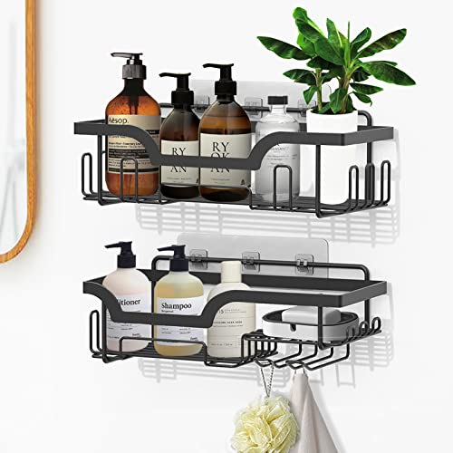 Honsdom 2-Pack No Drilling Bathroom Shower Caddy with Hooks, Self Adhesive Bathroom Shower Organizer Shelves, Large Capacity Wall Shower Storage with Soap Holder for Bathroom Accessories (Black)