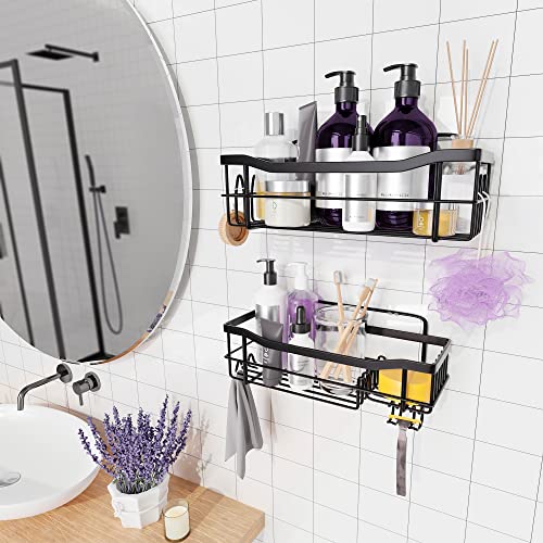 MAYRO Rustproof Shower Caddy - Easy to Install Shower Shelves - Self Adhesive Bathroom Shower Organizer - Durable Shower Shelf for Inside Shower - Large Capacity Shower Rack - Black Shower Caddy