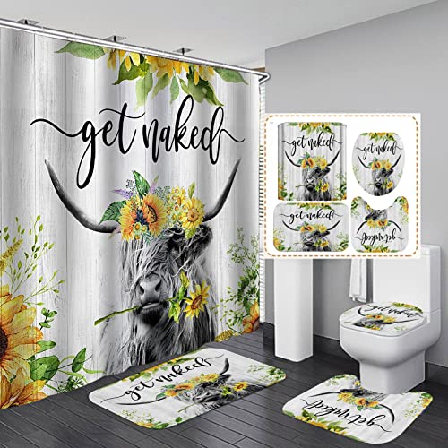 JAYDEN MADGE MAKE YOUR HOME SWEETER Jayden Madge 4PCS Highland Cow Shower Curtain Set with Rugs, Get Naked Watercolor Yellow Floral Botanical Country Western Farm Ani JM-IT010 0