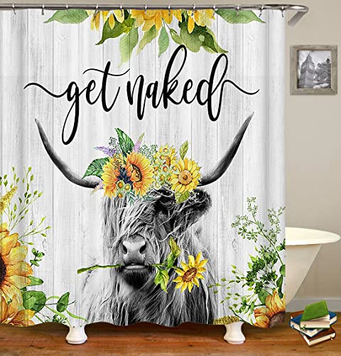 JAYDEN MADGE MAKE YOUR HOME SWEETER Jayden Madge 4PCS Highland Cow Shower Curtain Set with Rugs, Get Naked Watercolor Yellow Floral Botanical Country Western Farm Ani JM-IT010 0