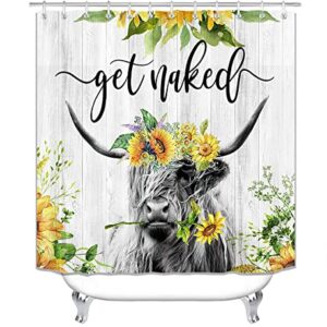 JAYDEN MADGE MAKE YOUR HOME SWEETER Jayden Madge 4PCS Highland Cow Shower Curtain Set with Rugs, Get Naked Watercolor Yellow Floral Botanical Country Western Farm Ani JM-IT010 0