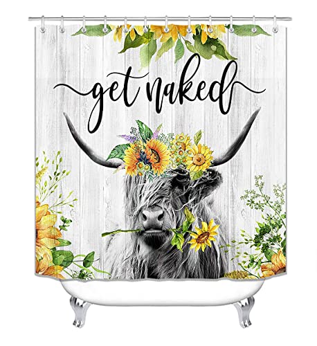 JAYDEN MADGE MAKE YOUR HOME SWEETER Jayden Madge 4PCS Highland Cow Shower Curtain Set with Rugs, Get Naked Watercolor Yellow Floral Botanical Country Western Farm Ani JM-IT010 0