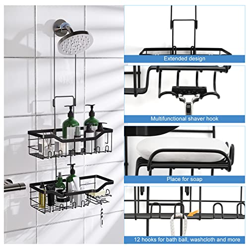 Joqixon Shower Caddy, UPGRADED Extended Length Shower Caddy Over Shower Head No Blocking to Shower Head, Rustproof Shower Organizer with Hooks Shampoo Soap Holder, Bathroom Large Hanging Shower Caddy