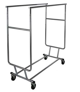 only garment racks commercial grade double rail rolling clothing rack, heavy duty - designed with solid"one piece" top rails and base. heavy gauge steel construction, rack weighs 39 lbs.