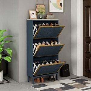 ssline industrial shoe cabinet with 3 flip down storage shelves free-standing shoe rack elegant wood shoe storage organizer with metal rattan door for entryway hallway doorway (blue&gold-3 door)