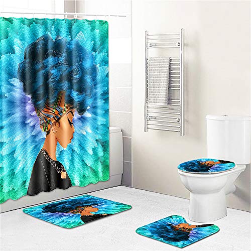 4PCS/Set Natural Cute African American Woman Pattern Shower Curtain Floor Mat Set with Rugs and Accessories for Bathroom Decor