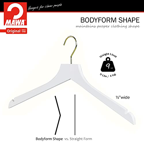 MAWA by Reston Lloyd, European Wooden Hanger, Beech Wood Straight Hanger with Shoulder Notches, Rotating Gold Hook, White Finish, for Shirts, Blazers, Dress Clothes Hanger, (27135)