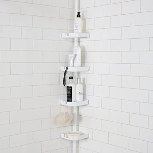 Bath Bliss 4 Tier Shelf Tension Adjustable Corner Storage Organizer Bathroom in Matte White Shower Caddy