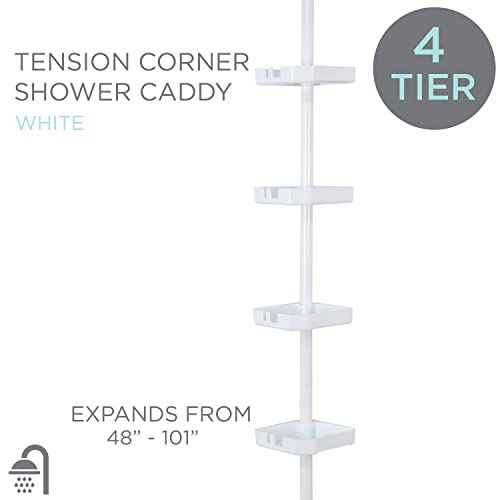 Bath Bliss 4 Tier Shelf Tension Adjustable Corner Storage Organizer Bathroom in Matte White Shower Caddy