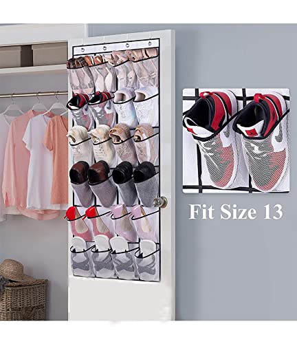 Over The Door Shoe Rack with 24 Large Mesh Pockets, Back of Door Organizer Hanging Bag for Closet Entryway Bedroom Bathroom Pantry Hanging Holder for Hats Sneakers High Heeled Shoes flip flops, White