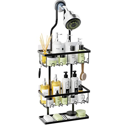 AHNR Bathroom Hanging Shower Caddy Over Shower Head Organizer, Rustproof Shower Organizer with Hooks and Adhesives, Anti-Swing Over the Shower Head Caddy Black