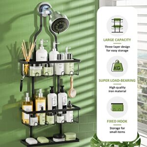 AHNR Bathroom Hanging Shower Caddy Over Shower Head Organizer, Rustproof Shower Organizer with Hooks and Adhesives, Anti-Swing Over the Shower Head Caddy Black