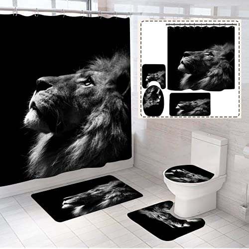 4 Piece Lion Shower Curtains Sets with Non-Slip Rugs, Toilet Lid Cover and Bath Mat, King Leo Bathroom Sets with Shower Curtain and Black Rugs and Accessories