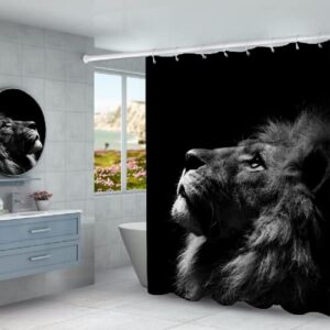 4 Piece Lion Shower Curtains Sets with Non-Slip Rugs, Toilet Lid Cover and Bath Mat, King Leo Bathroom Sets with Shower Curtain and Black Rugs and Accessories