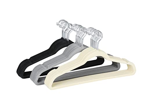 Home Premium Velvet Hangers 30 Pack - Non-Slip & Durable Clothes Hangers -Black, Grey, Beige Colors in one Box, Hangers with 360 Degree Rotatable Hook - Heavy Duty Coat Hangers