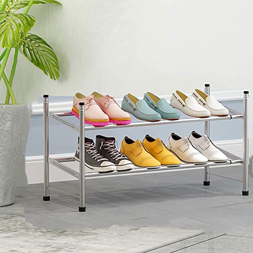 BNMGH 2-Tier Expandable Shoe Rack for Closet, Stainless Steel Freestanding Telescopic and Stackable Sturdy Durable 12-Pairs Storage Organizer Entryway Doorway 1pc (Silver)