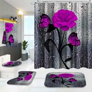 poedist 5 pcs grey bathroom decor set,shower curtain sets with rugs,include bath towel,u mat,toilet lid cover & bath mat,with 12 hooks,creative purple rose