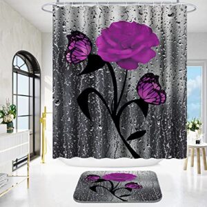 Poedist 5 Pcs Grey Bathroom Decor Set,Shower Curtain Sets with Rugs,Include Bath Towel,U Mat,Toilet Lid Cover & Bath Mat,with 12 Hooks,Creative Purple Rose