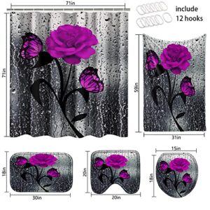 Poedist 5 Pcs Grey Bathroom Decor Set,Shower Curtain Sets with Rugs,Include Bath Towel,U Mat,Toilet Lid Cover & Bath Mat,with 12 Hooks,Creative Purple Rose