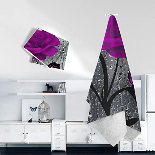 Poedist 5 Pcs Grey Bathroom Decor Set,Shower Curtain Sets with Rugs,Include Bath Towel,U Mat,Toilet Lid Cover & Bath Mat,with 12 Hooks,Creative Purple Rose