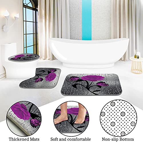 Poedist 5 Pcs Grey Bathroom Decor Set,Shower Curtain Sets with Rugs,Include Bath Towel,U Mat,Toilet Lid Cover & Bath Mat,with 12 Hooks,Creative Purple Rose